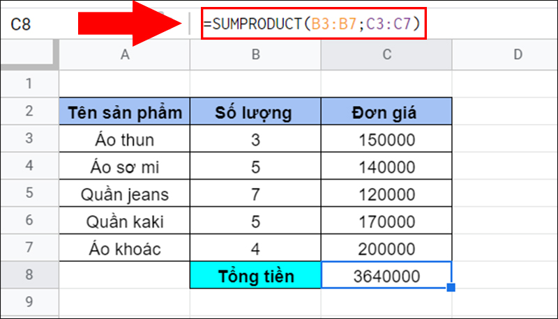 [Video] Cách sử dụng hàm SUMPRODUCT trong Google Sheet tính tích tổng - Thegioididong.com
